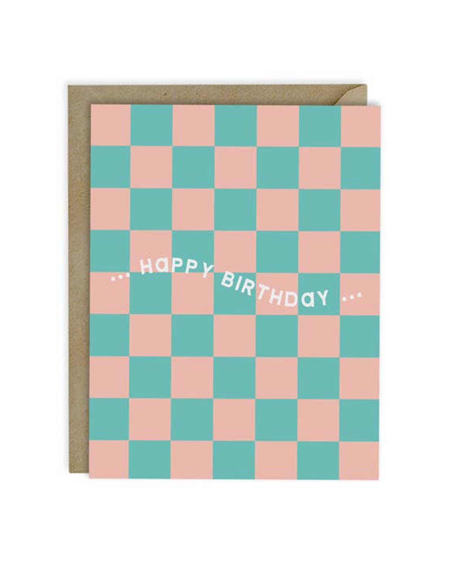 happy birthday spring green checkerboard card – Little