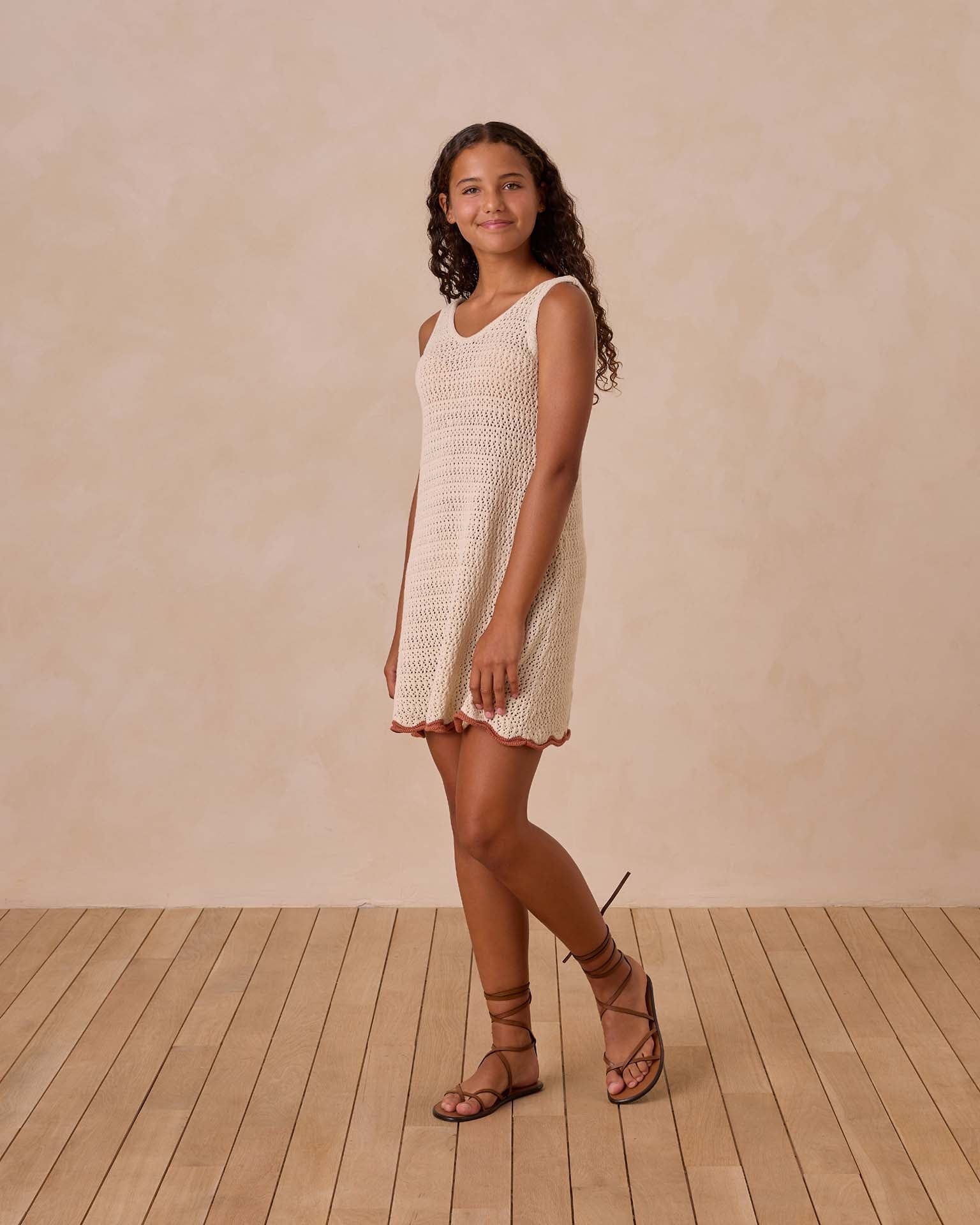 teen crochet tank mini dress in natural – Little